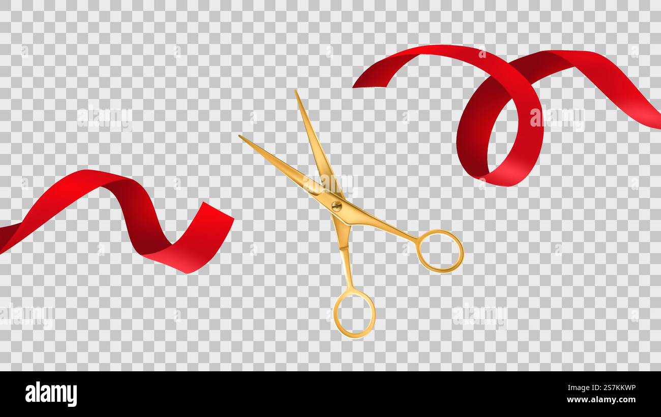Gold scissors cut red ribbon. Grand opening ceremony, ceremonial ...