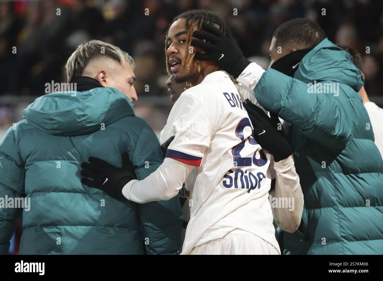 Bradley Barcola of PSG celebrates his goal during the French ...