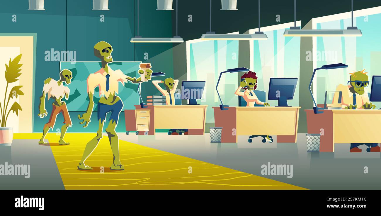 Exhausting office work concept. Female, male zombie characters in ...