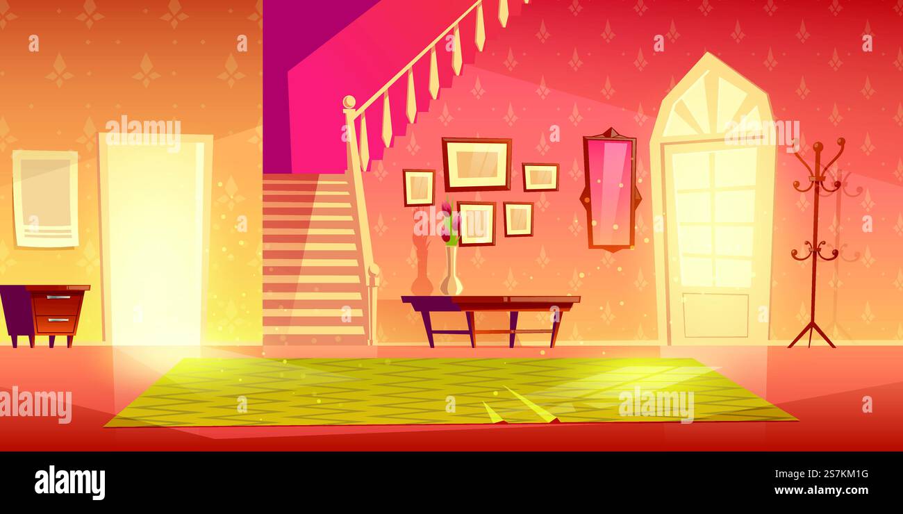 House hallway entrance interior with stairs and furniture. Bright ...