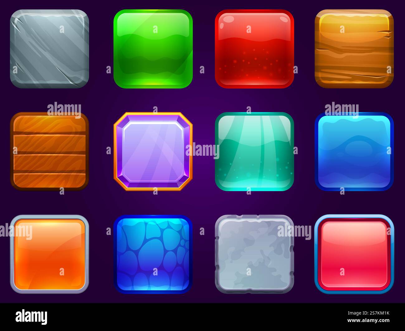 Game UI square buttons. Metal steel, wooden and diamond button frame ...