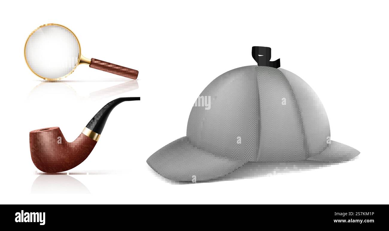 Vintage magnifying glass, retro smoking tobacco pipe and deerstalker ...