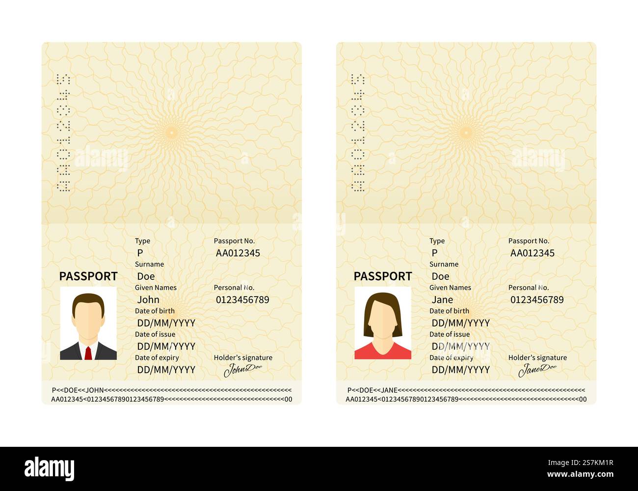 Male and female open passports. Vector identity document. Id with ...