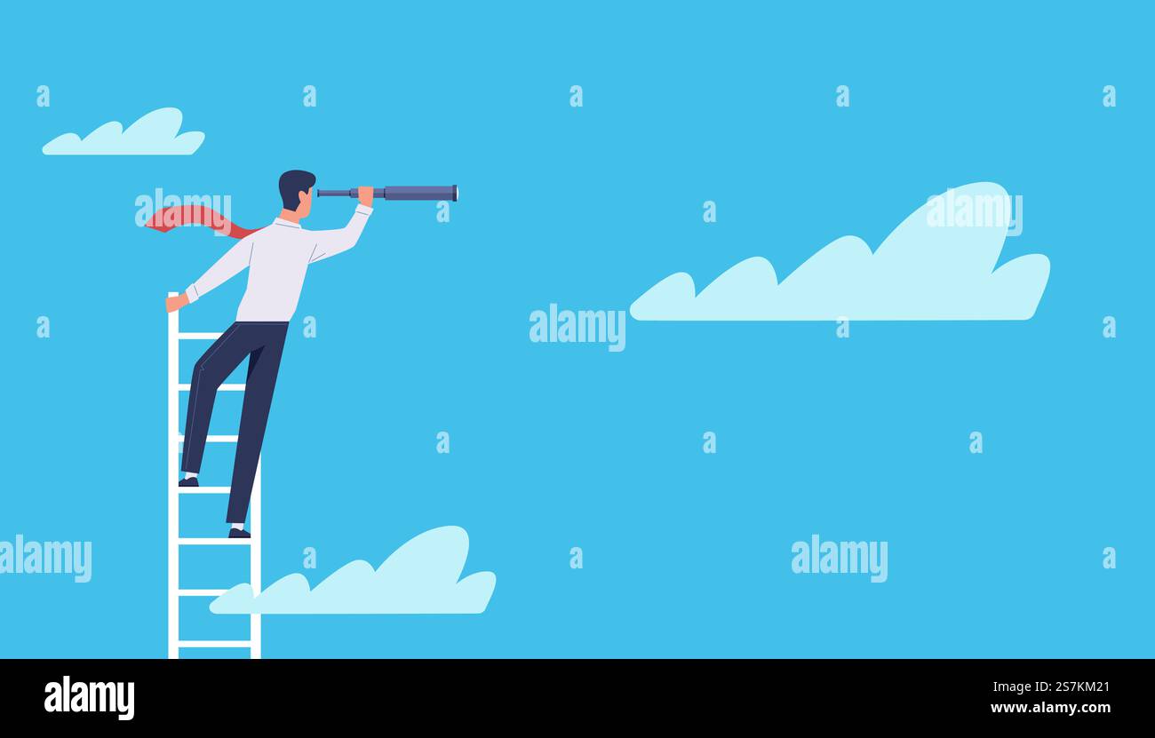 Business vision. Cartoon businessman stands on ladder in clouds with ...