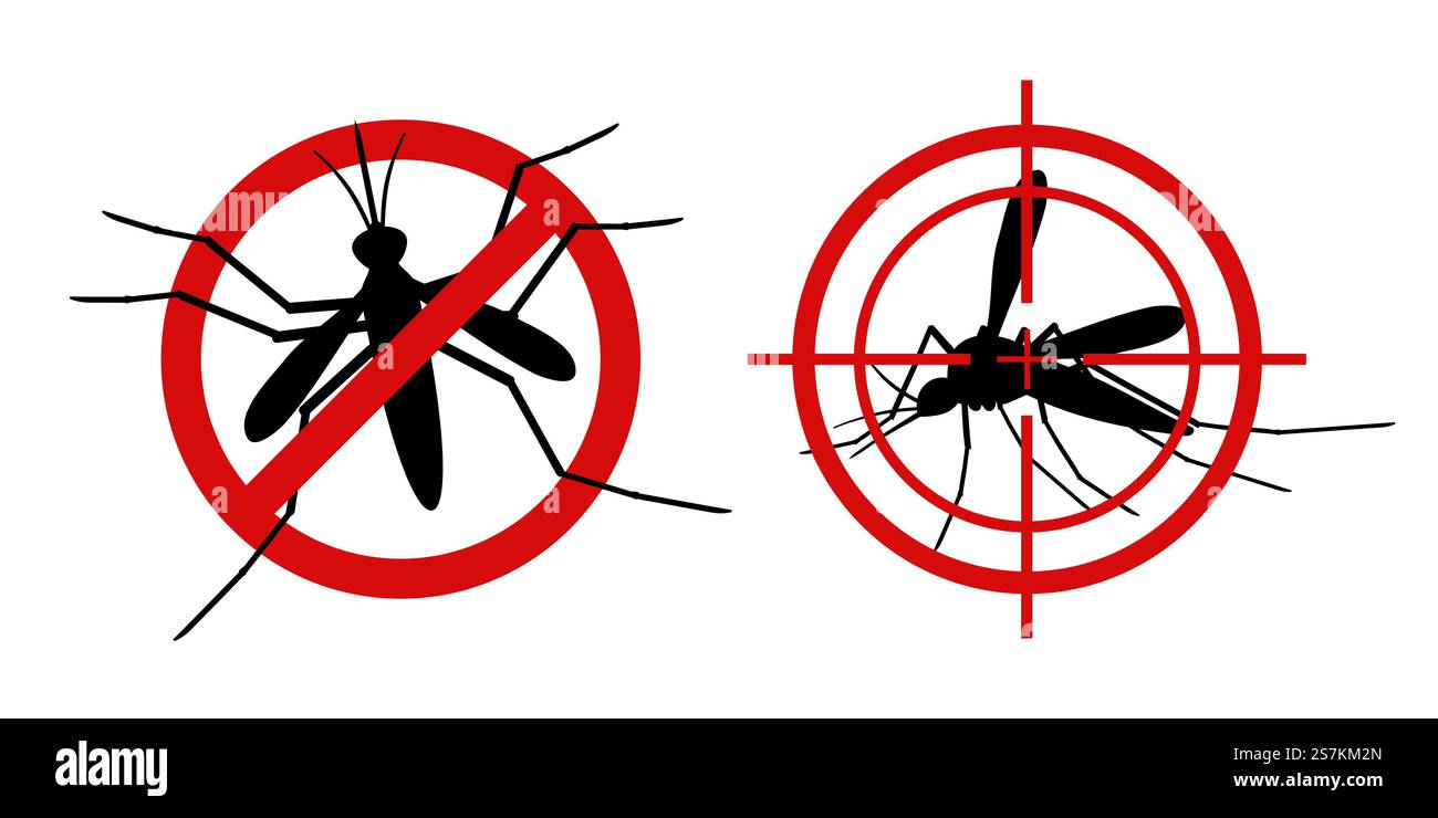 Mosquito warning signs. Informational red prohibited mosquito target ...