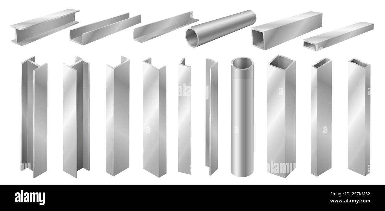 Metal profile and tubes isolated on white background. Different 3d ...