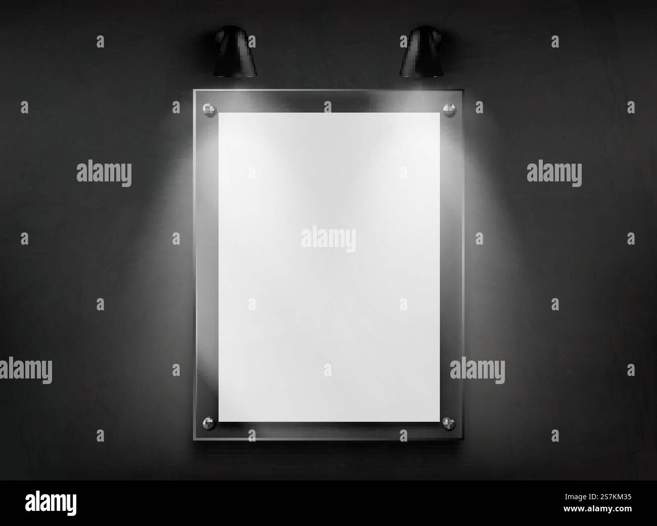Blank poster or photograph glass frame hanging in dark room ...
