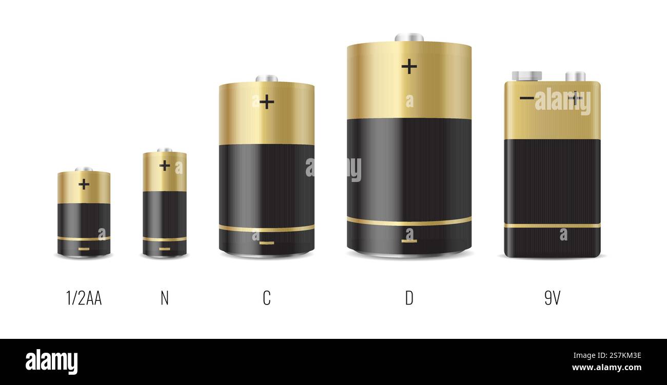 Alkaline batteries realistic style set of different size isolated on ...