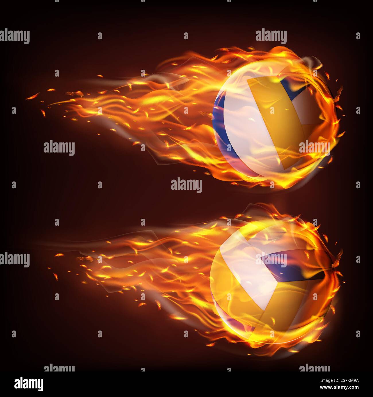 Volleyball balls flying in fire, falling in flame side view isolated on ...