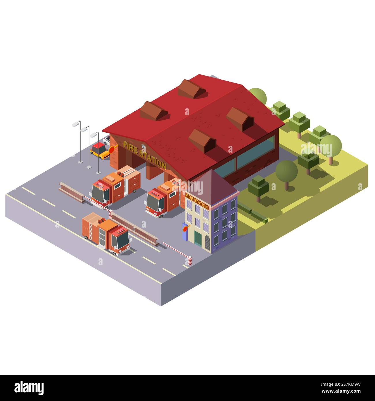 Vector 3d isometric fire station with red trucks, watch tower and green ...