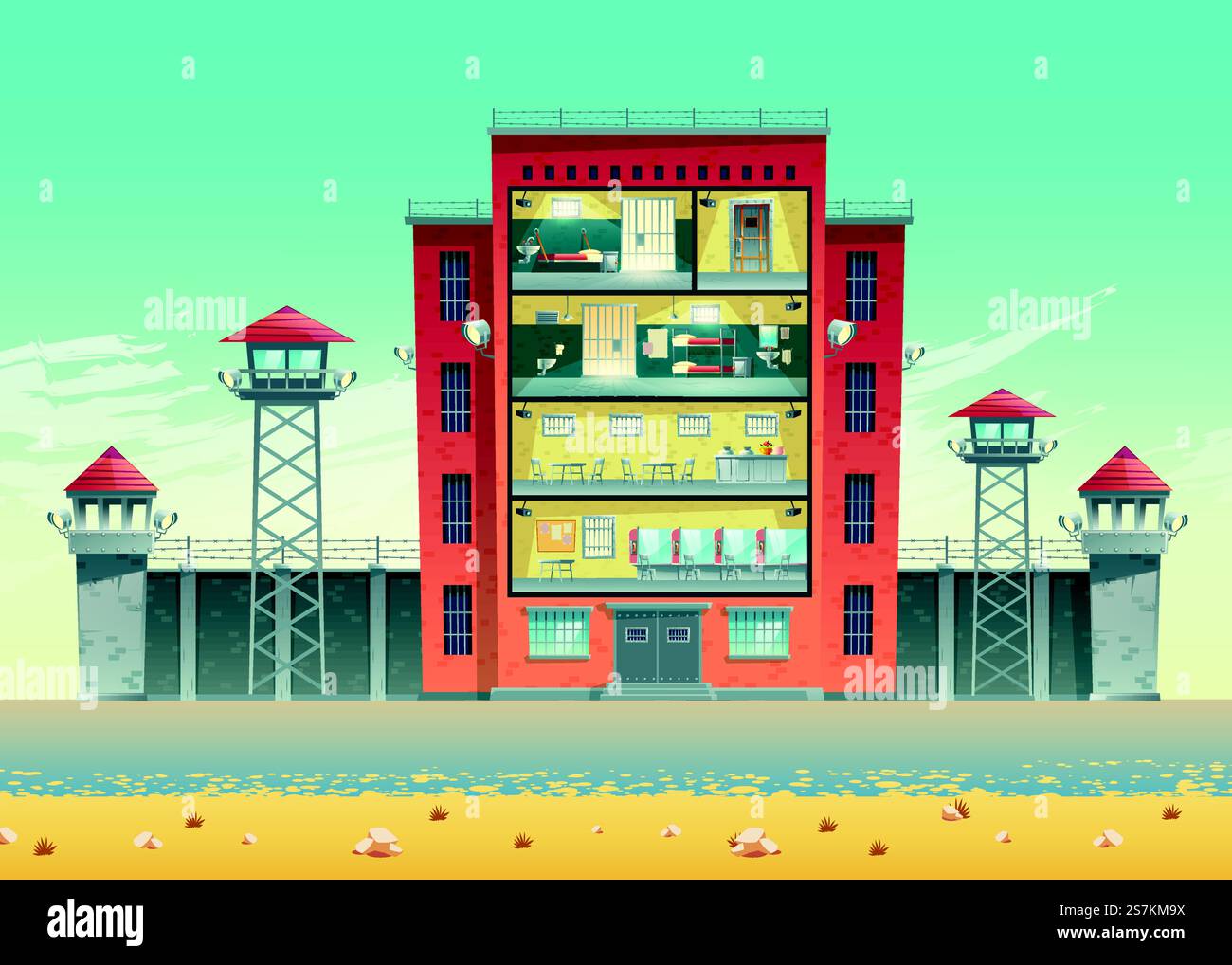 Prison building fenced with strained barbed wire on high wall ...