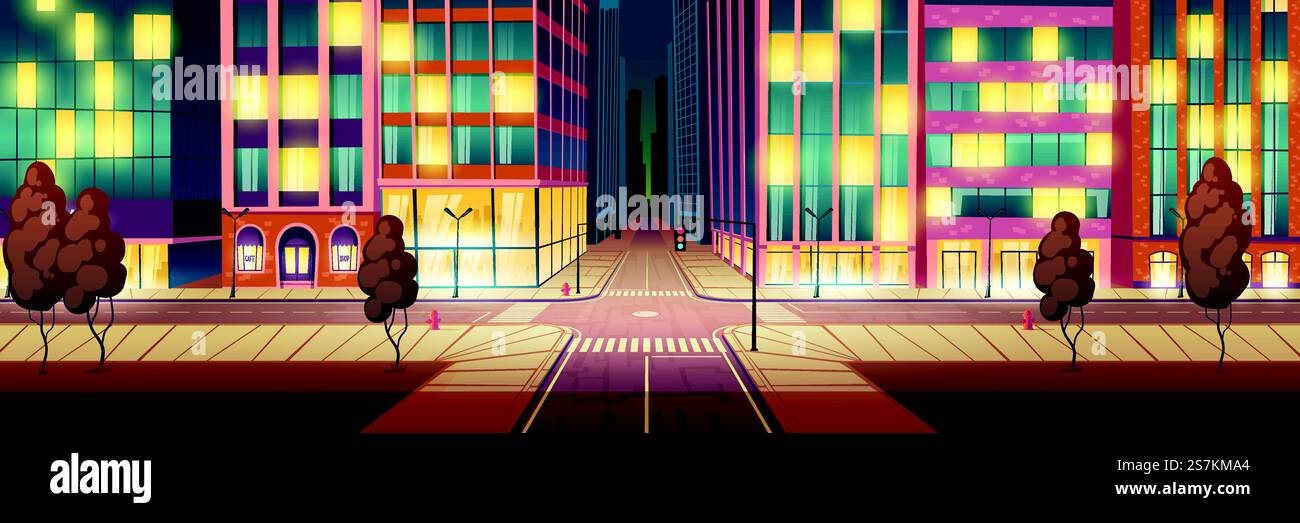 Night metropolis illuminated, empty street cartoon vector background ...