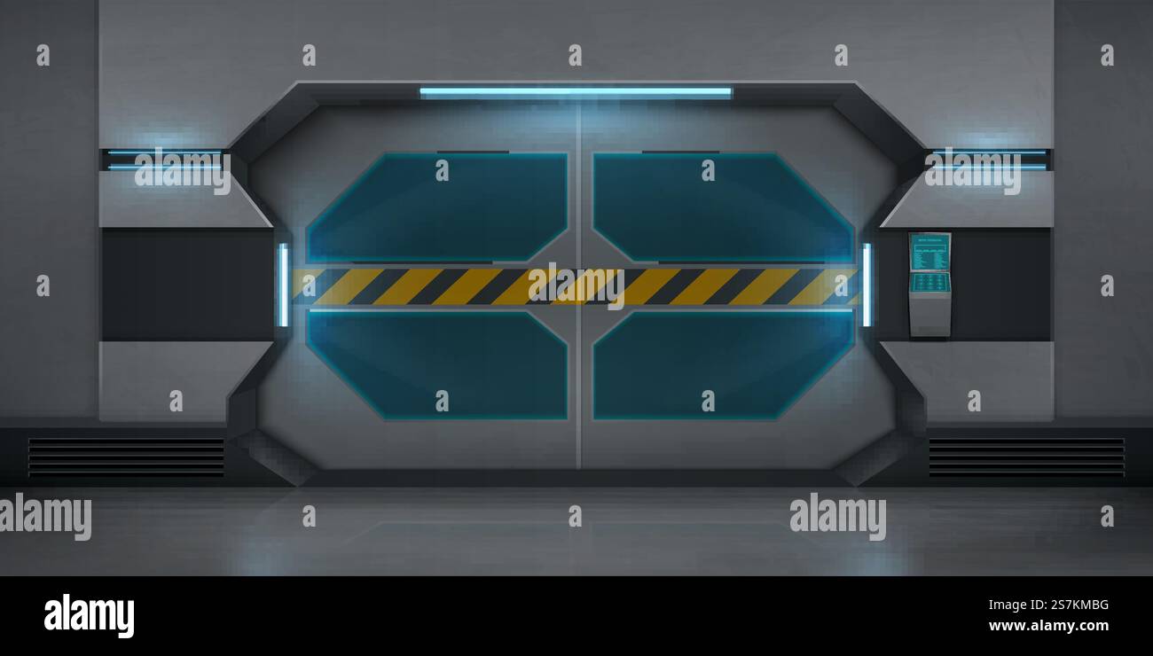 Realistic metal sliding doors with warning striped tape. Vector ...