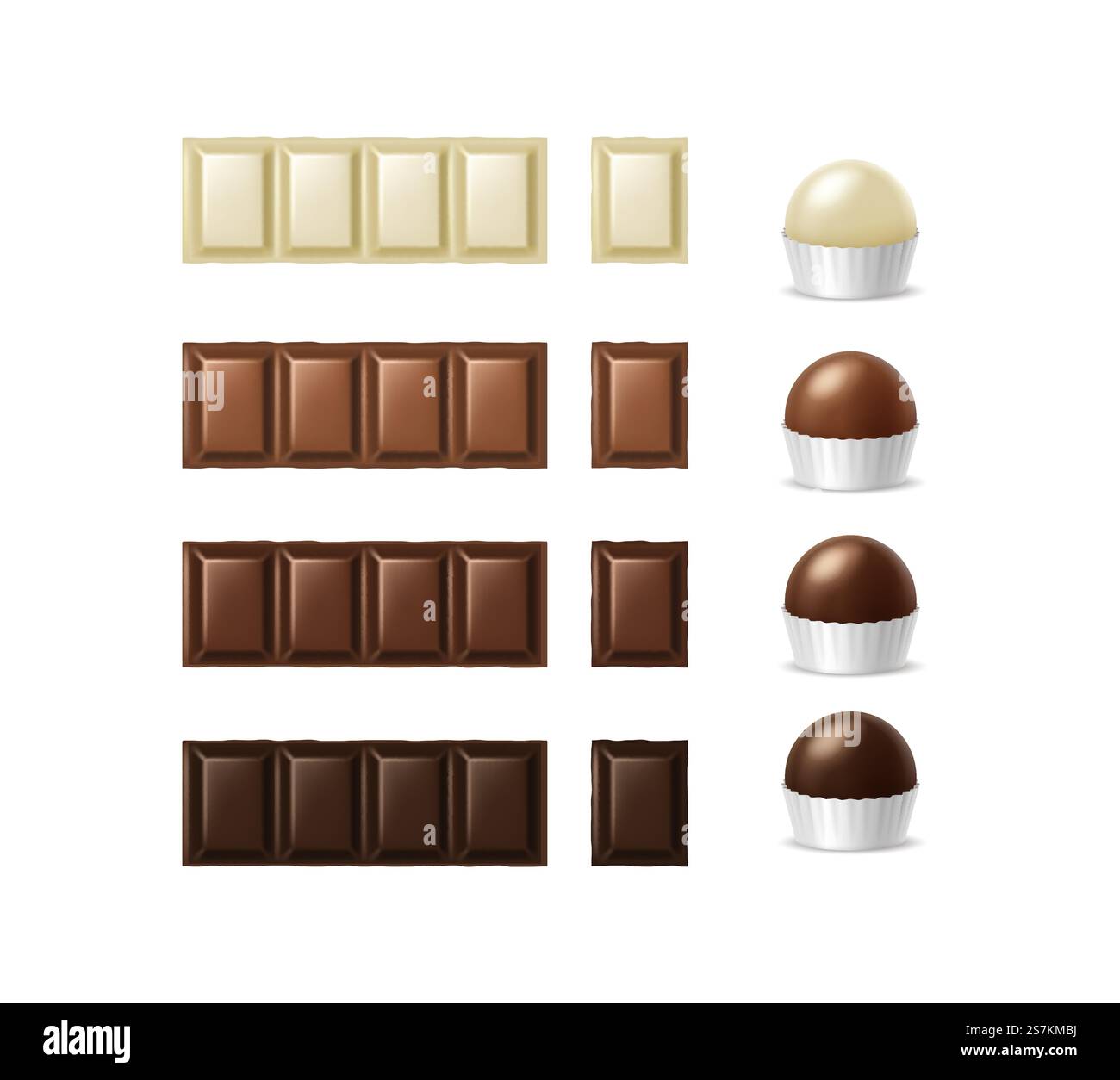 Chocolate icon set. Realistic chocolate bars, pieces and candies ...