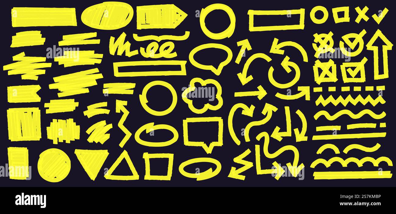 Highlight marker lines on black background. Doodle check marks with ...
