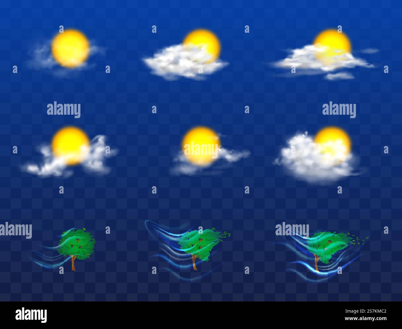 Vector 3d realistic set with weather forecast elements - sun in white clouds, grey mist and ...