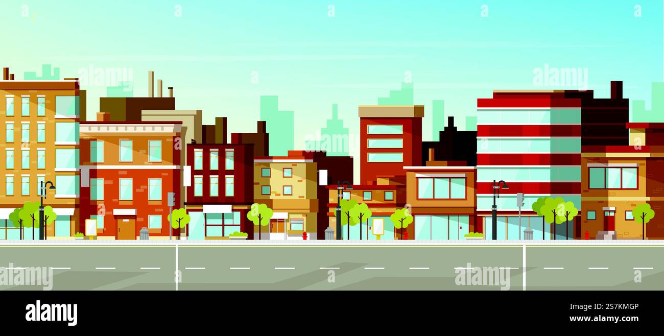 Modern town street panoramic flat vector. Low-rise houses with brick ...