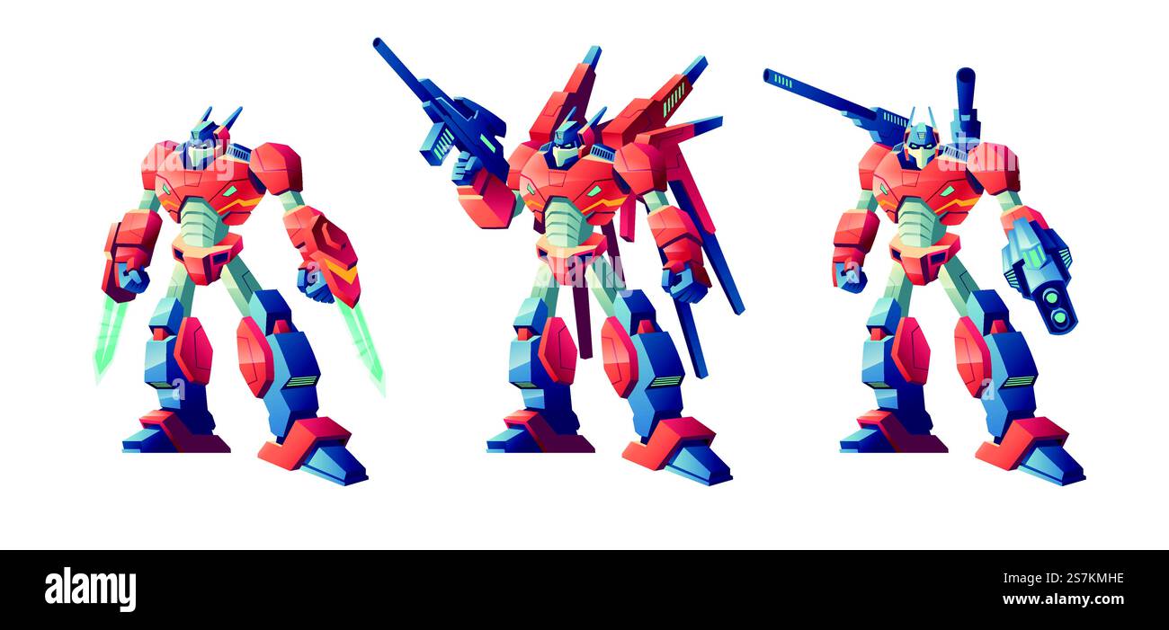 Battle robots, transformers armed laser swords, plasma gun and shoulder ...