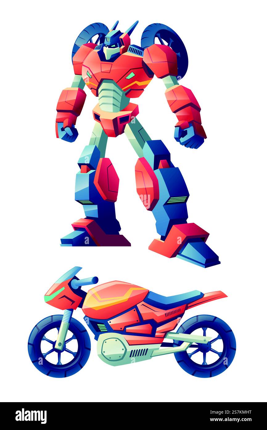 Red battle robot capable to transform in racing motorcycle, sport bike ...