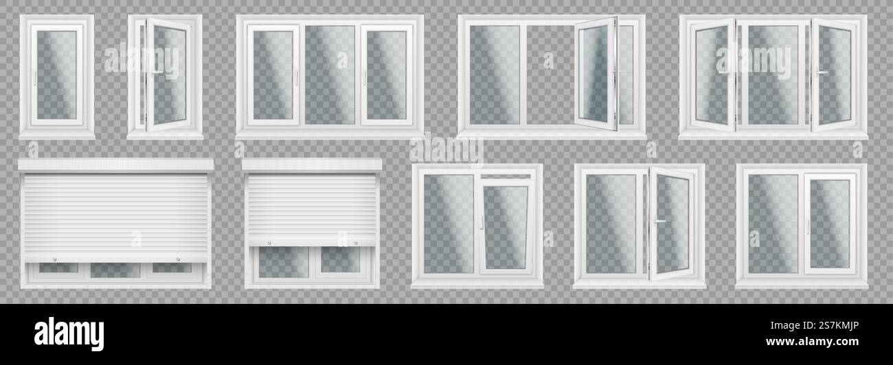 Set of realistic glass transparent plastic windows with window sills ...