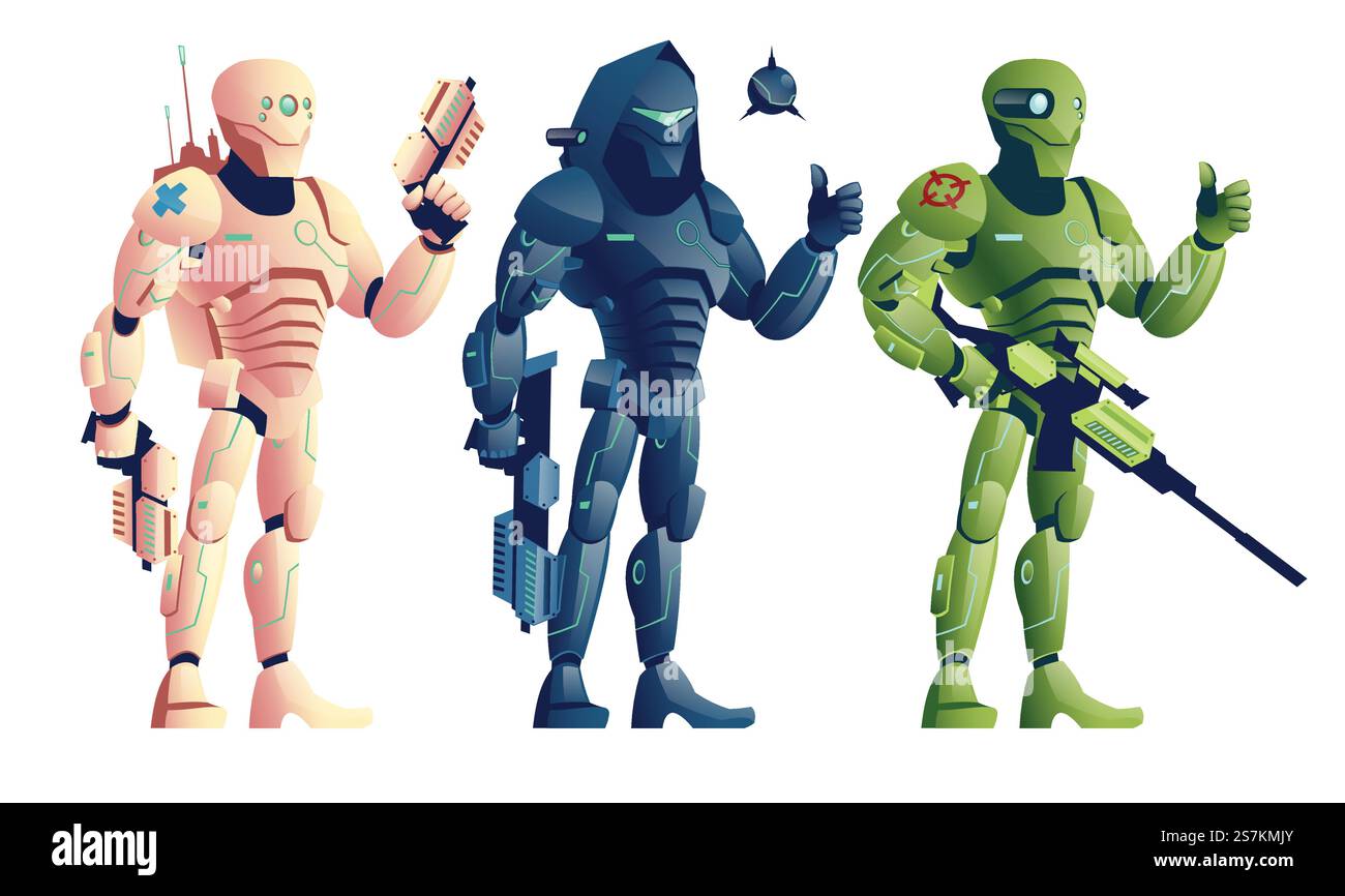 Future robotic soldiers, cyborg medic armed pistols, saboteur with ...