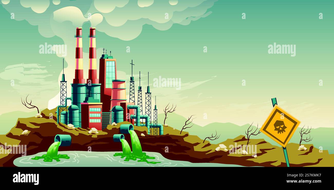 Water Pollution Cartoon Factory. Land Pollution Cartoon Foto's,