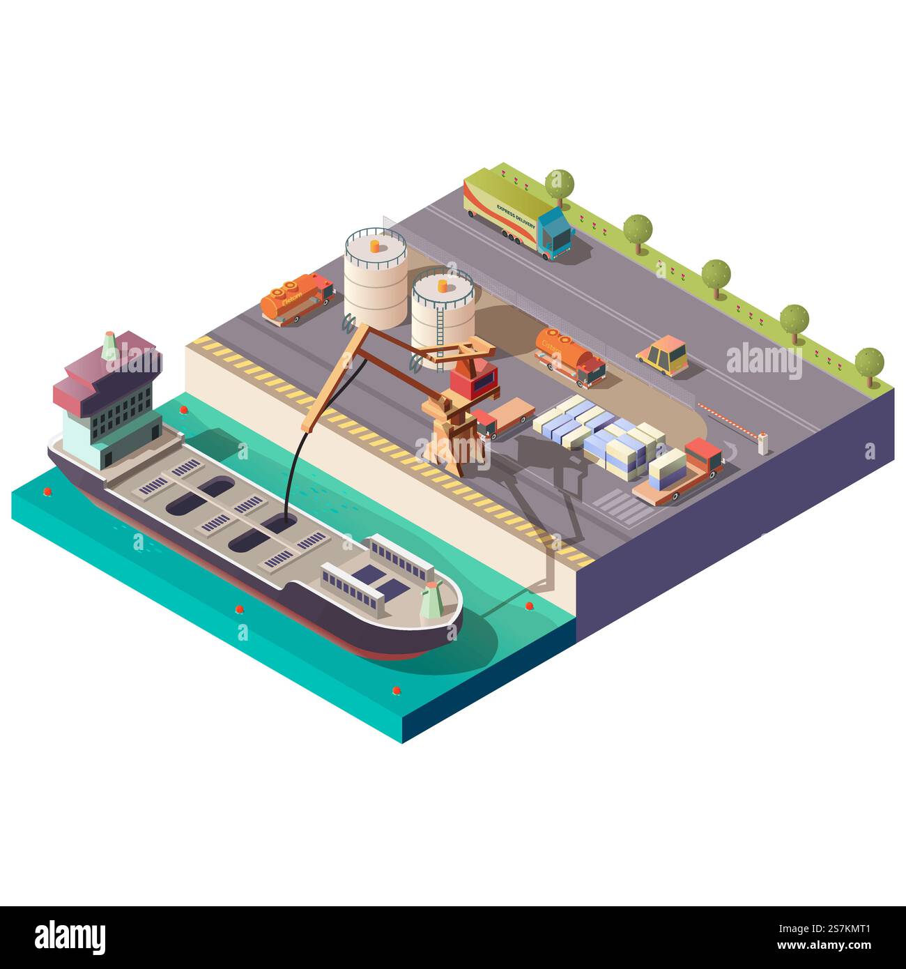 Delivering petroleum or oil by sea isometric vector. Crane pumping ...