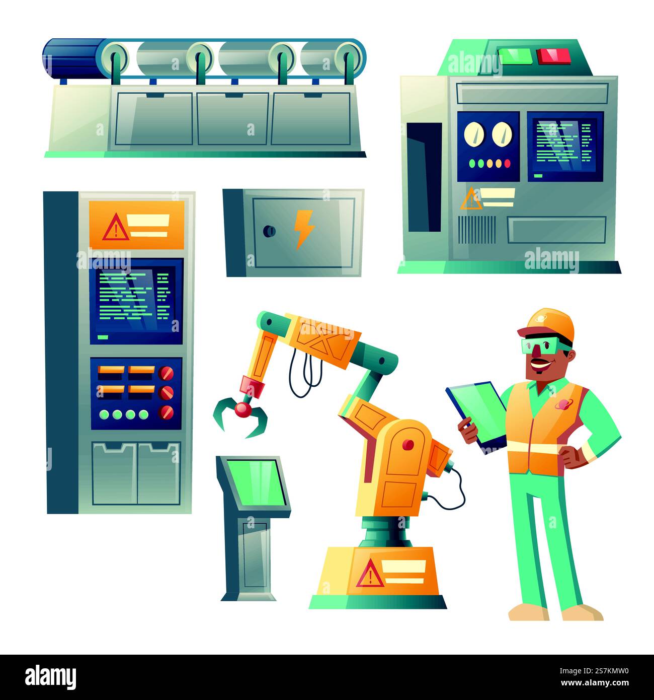 Industrial equipment, machines cartoon vector set isolated on white ...