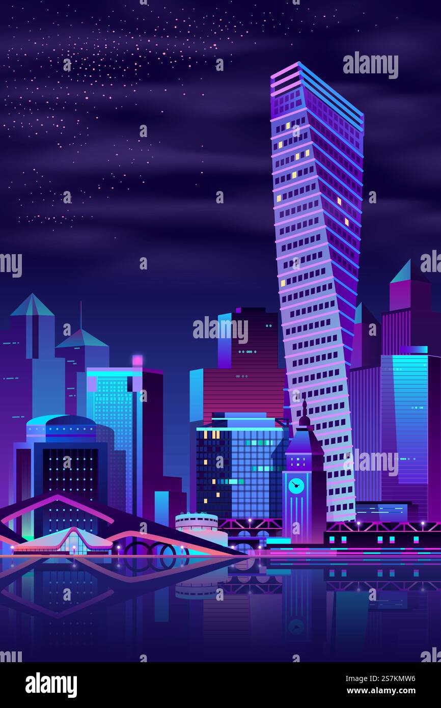 Modern metropolis night cityscape cartoon vector background. Futuristic ...
