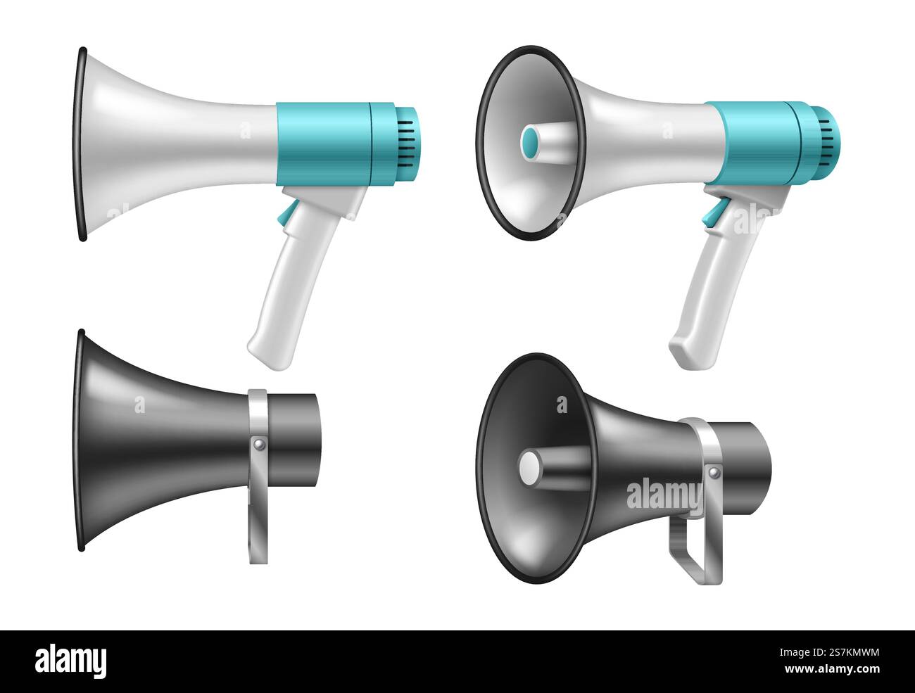 Set of realistic megaphone speaker or loudspeaker bullhorn. Modern ...