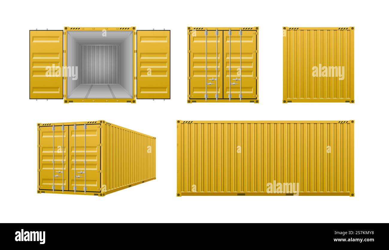 Realistic set of yellow cargo containers. Front, side and back view ...