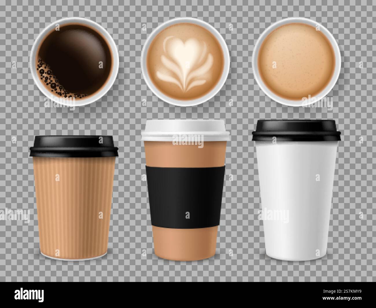 Top view of coffee cup. Espresso and latte or cappuccino in takeaway ...