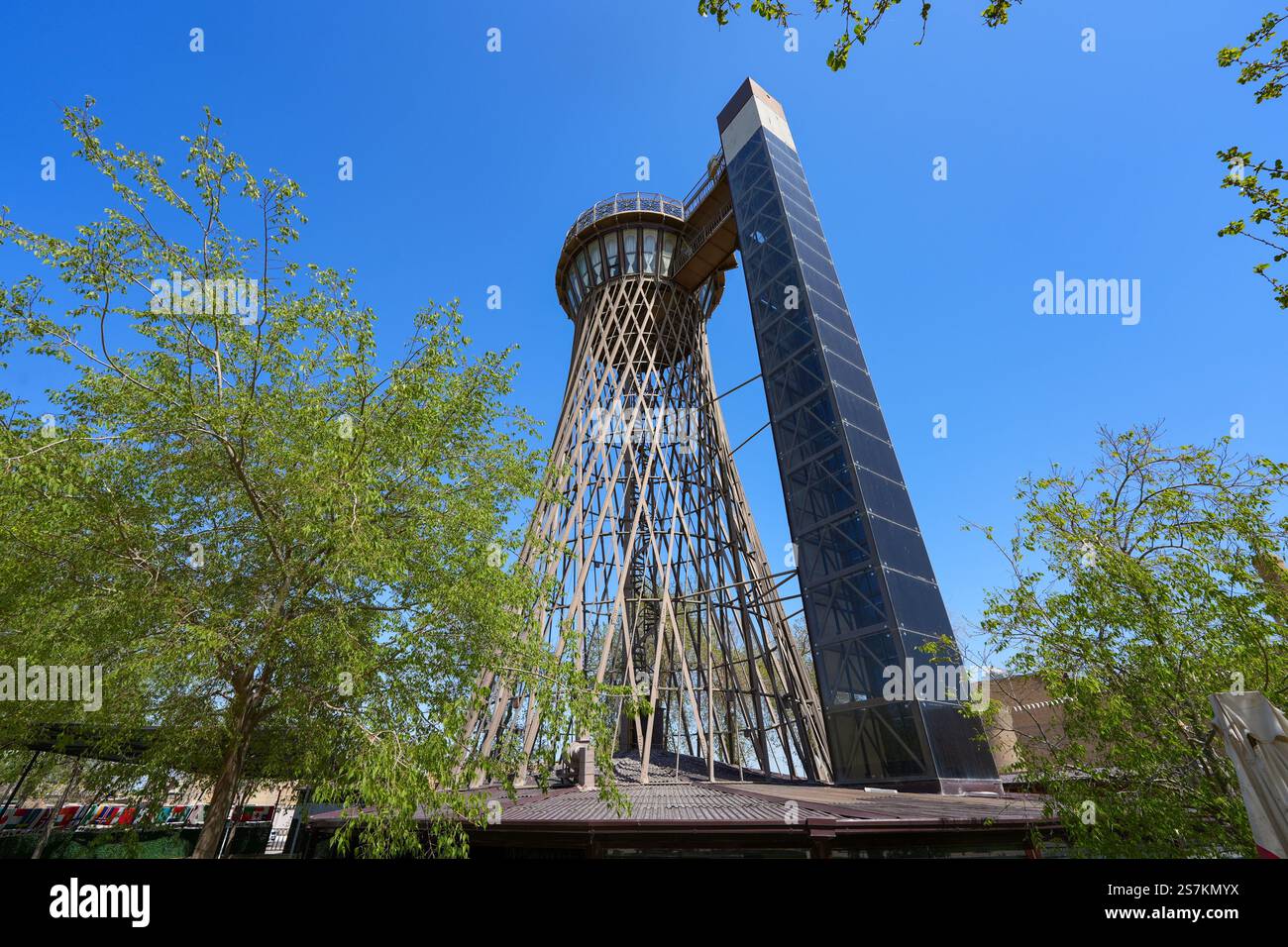 Glass elevator of the Bukhara Tower aka Shukhov Tower, an ancient water ...