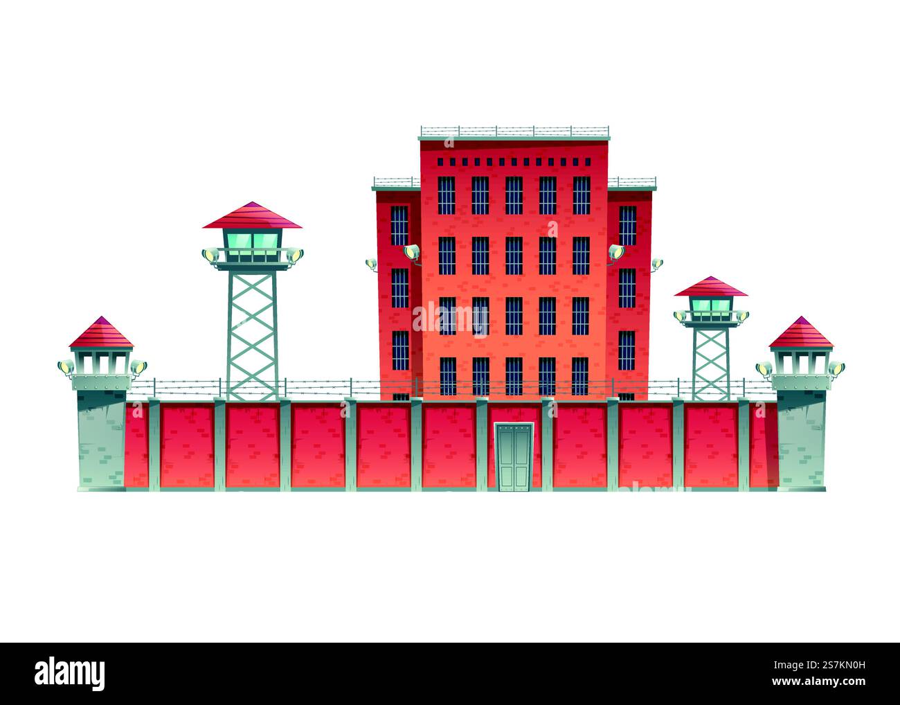 Prison, jail building fenced with guard observation posts on high fence ...