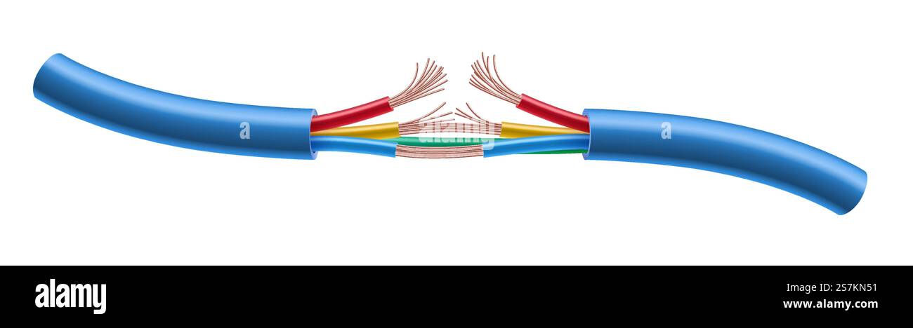 Realistic detailed 3d color damaged electric cable. Connection problem ...