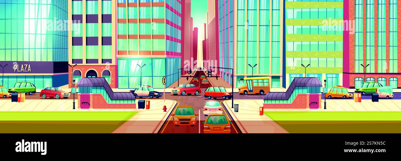 Metropolis crossroads in hour rush cartoon vector concept with stores ...