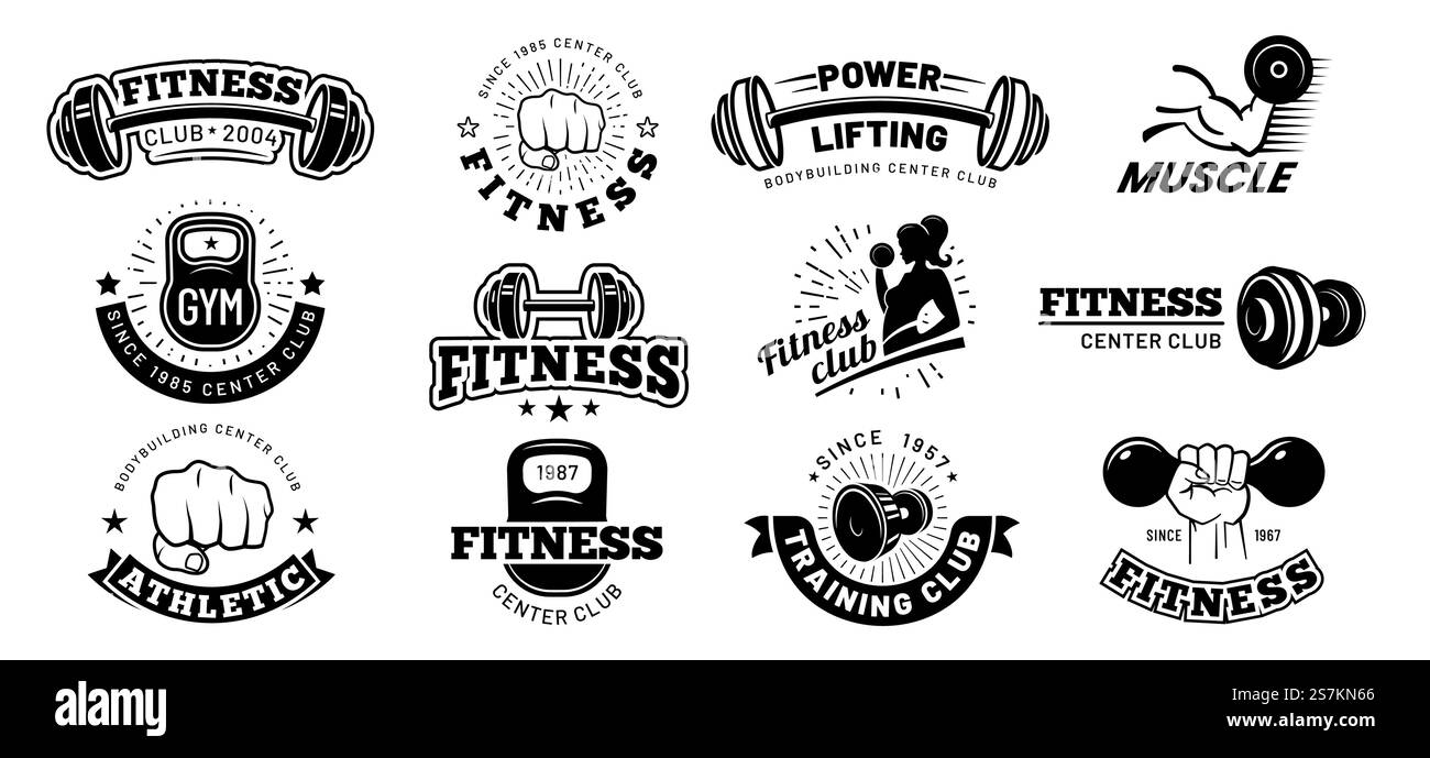 Retro fitness badges. Gym emblem, sport label and black stencil ...