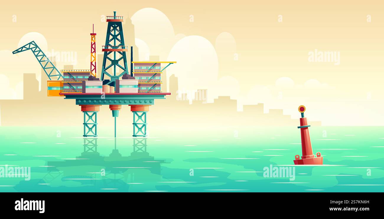 Oil platform in open sea. Oil extraction, fuel production industry ...