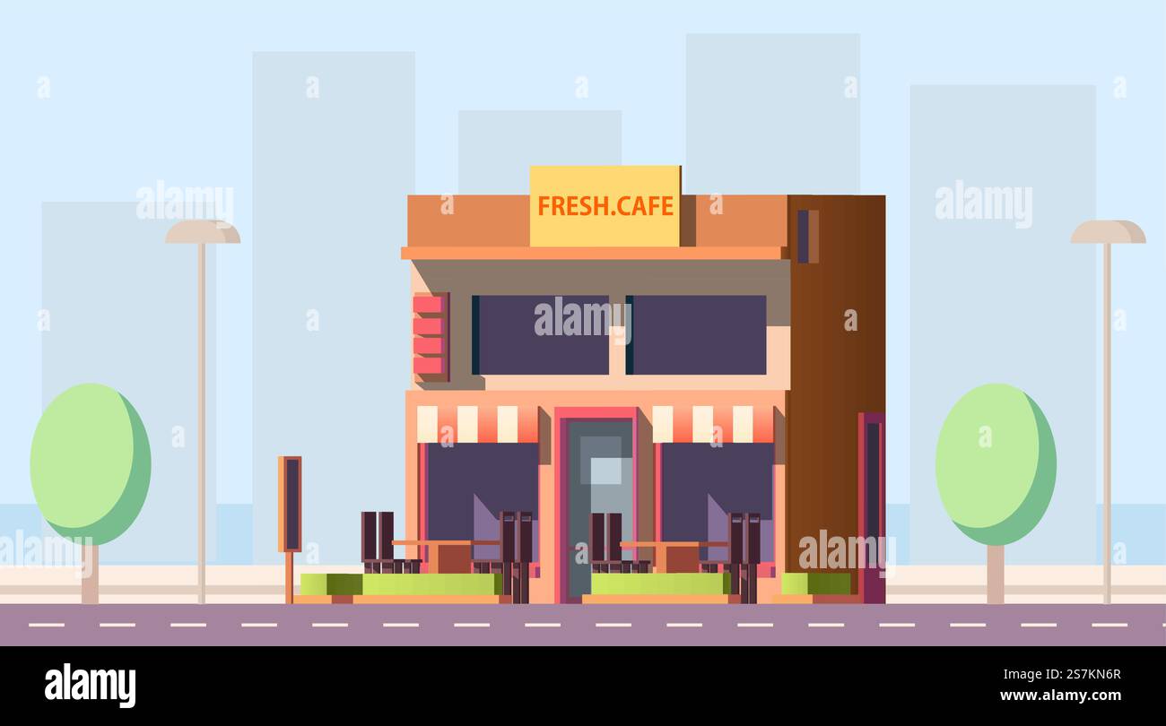 Road cafe, city cafeteria, coffeeshop or fast food street restaurant ...