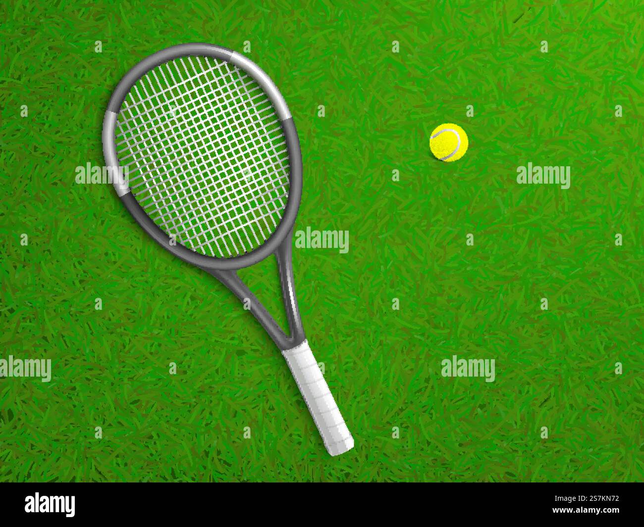 Tennis racket and ball lying on court lawn green grass 3d realistic ...