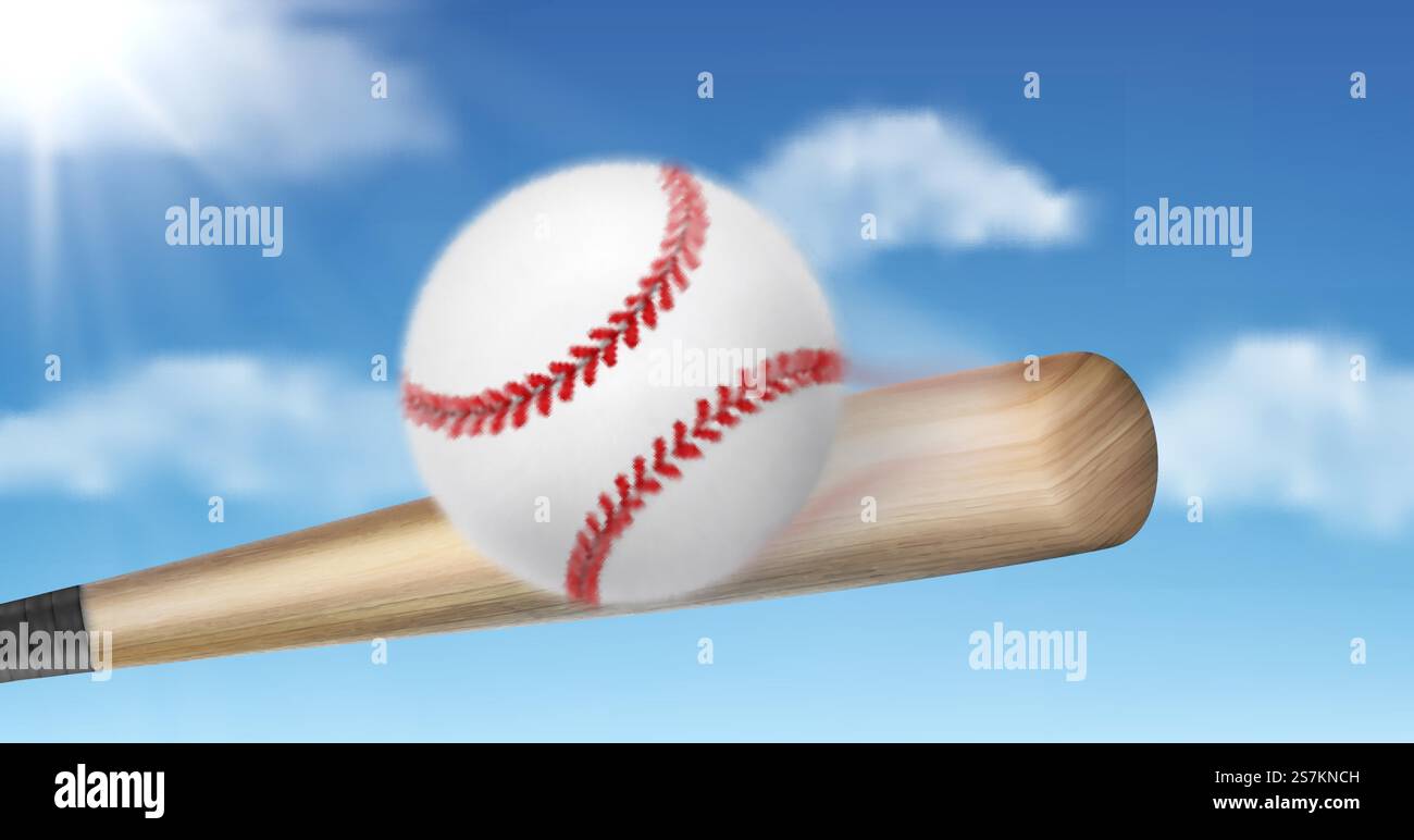 Baseball bat hitting, smashing ball on sunny, blue sky background. Team sport tournament or ...