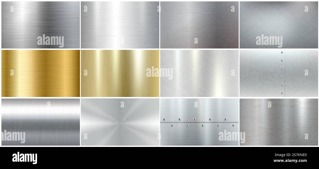 Set of realistic metal textures: brushed steel, silver and golden ...