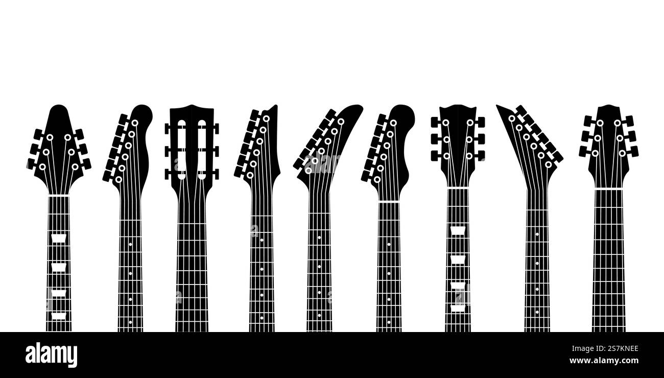 Guitar headstocks. Acoustic and rock electric guitars heads. Outline ...