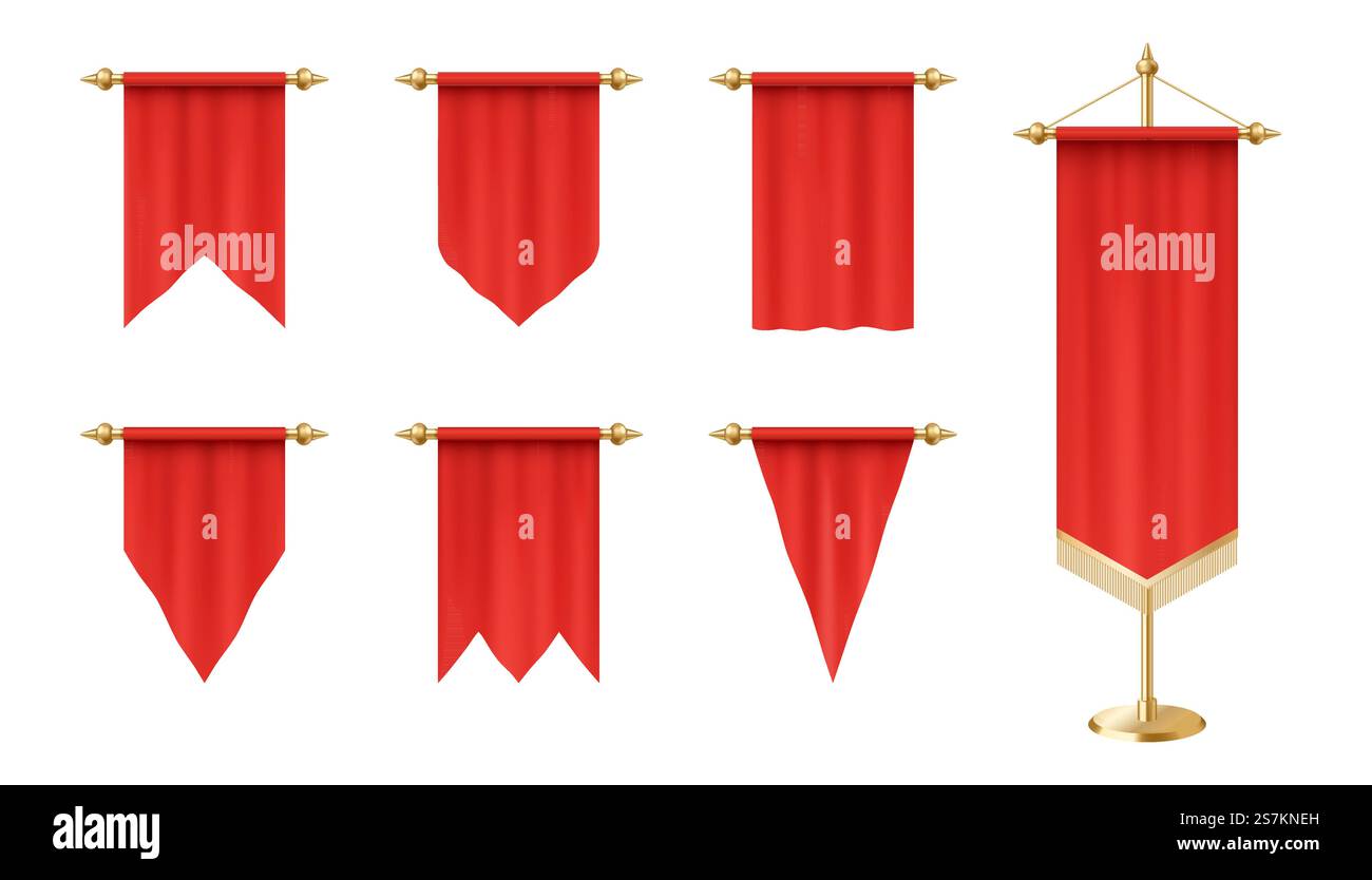 Realistic red pennants set, flags mockup isolated on white background ...