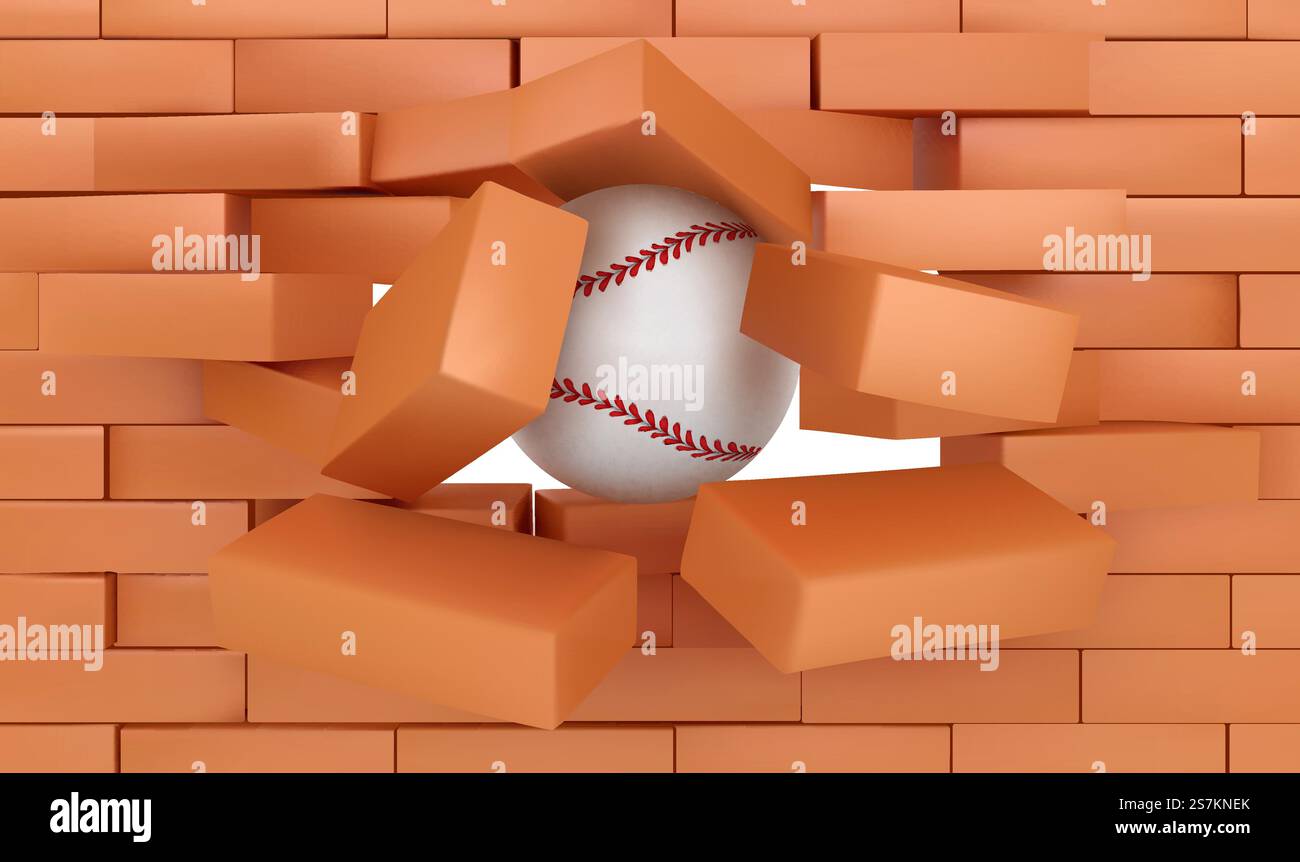 Brick wall destroying with baseball ball coming out of hole with red ...