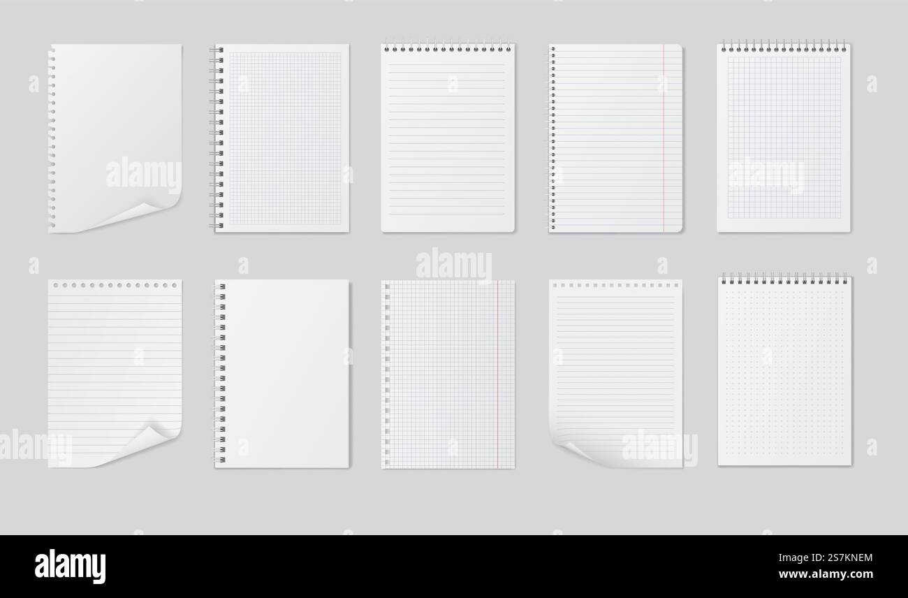 Realistic notebooks sheets. Lined, checkered and paper binder page for memo pads. Template ...