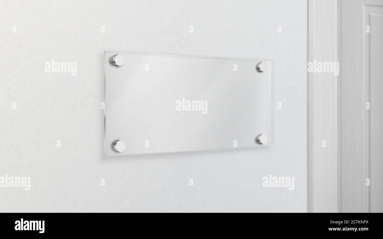 Empty glass name plate bolted to wall near doorway poster hi-res stock ...