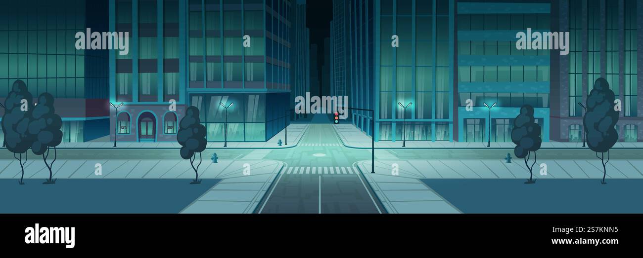 Crossroad in night city, empty transport intersection with traffic ...