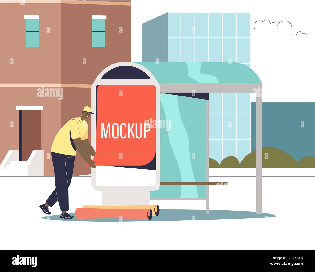 Male advertising agency worker putting promotion poster mockup on bus ...