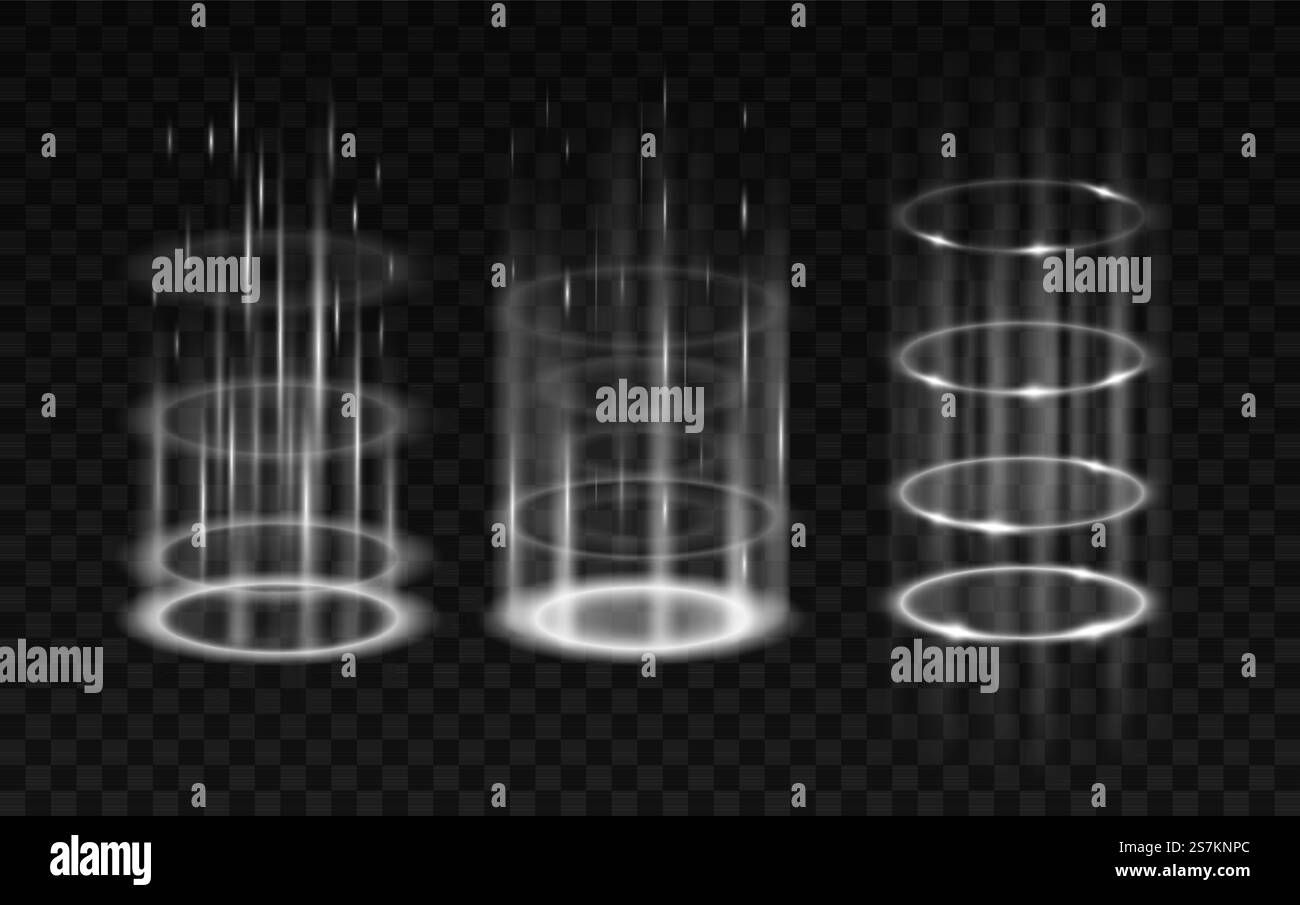 Realistic swirling portals set. Glowing neon energy circles isolated on ...
